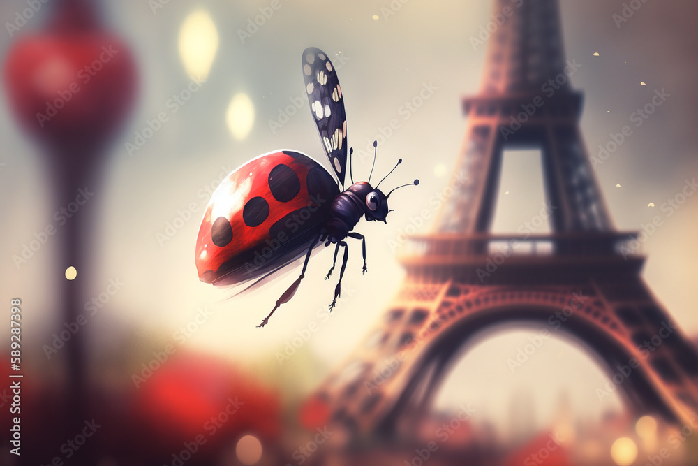 Generative AI of a ladybug flying in front of the Eiffel tower. Stock ...