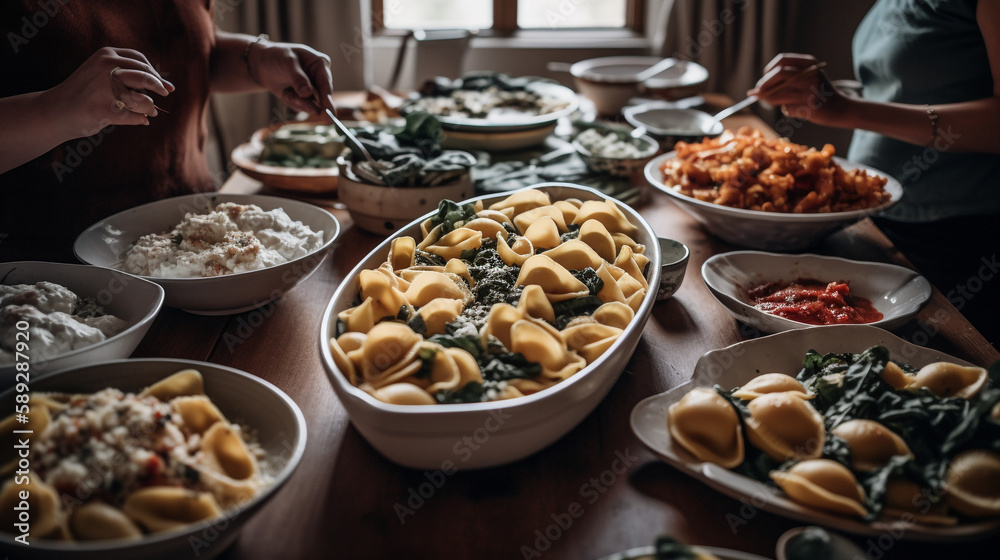 a delicate food photograph of a table with plates of different kinds of ...