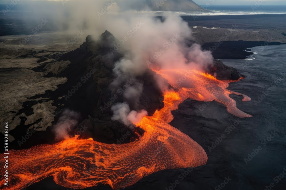 Daytime volcanic eruption peninsula. Lava shoots up from the crater ...