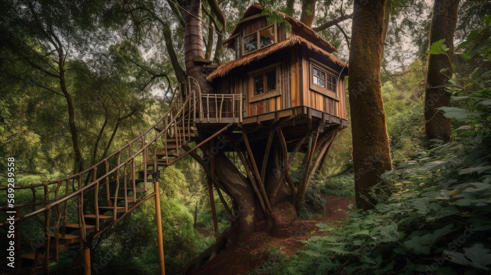 Hidden in a forest a treehouse with a rope ladder Generative AI Stock ...