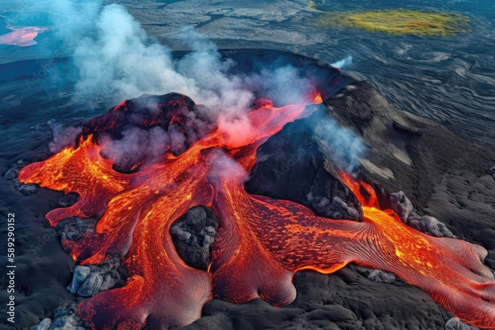 Daytime volcanic eruption on Reykjanes peninsula. Lava shoots up from ...