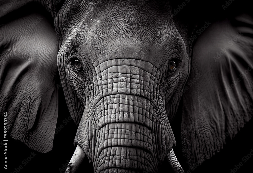 Black and white AI photograph portrait of a majestic elephant in the ...
