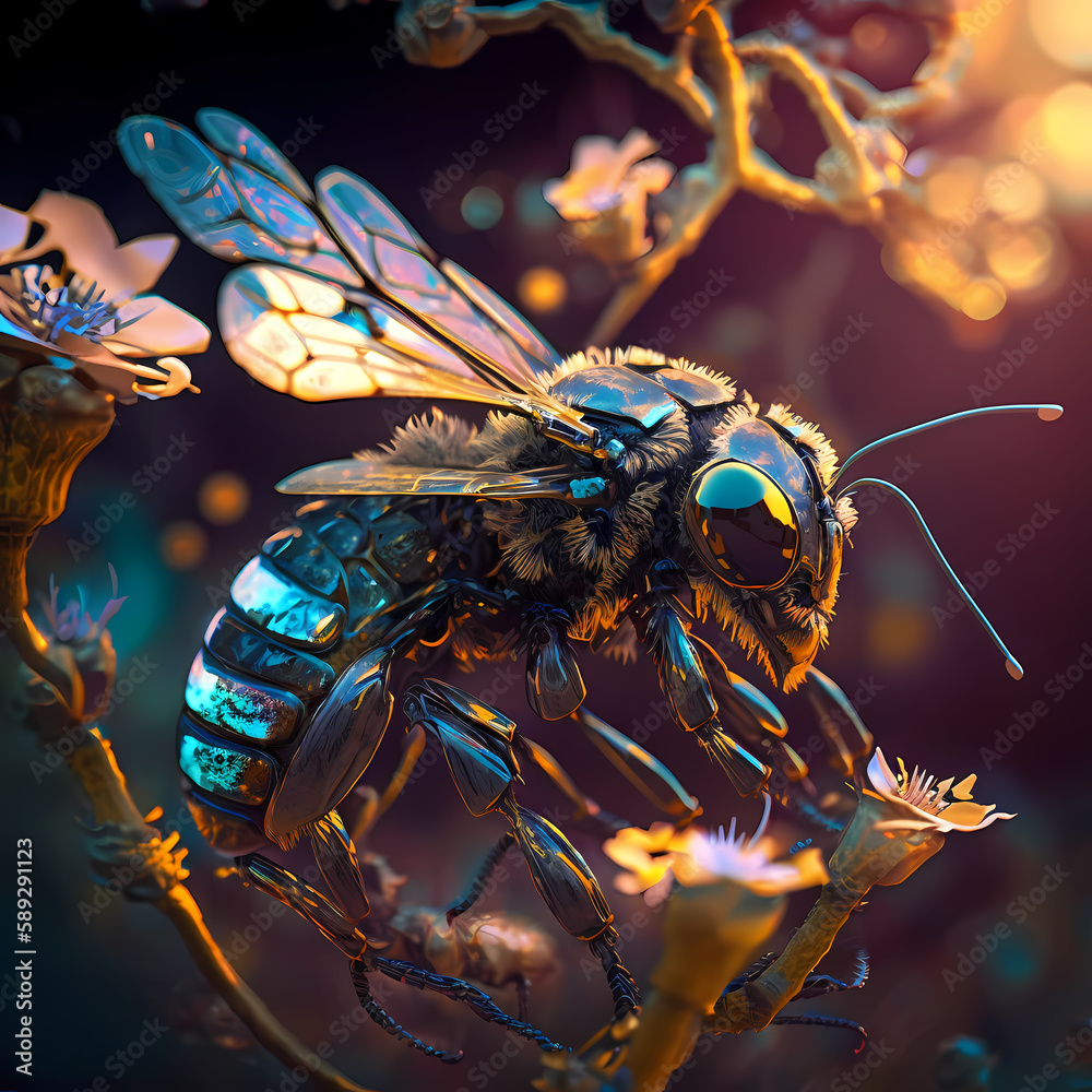 Macro view of a cyberpunk futuristic bee flying between flowers in a ...