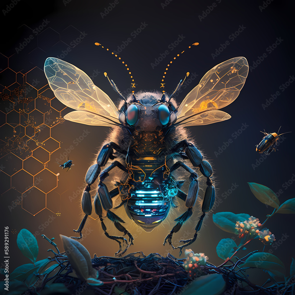 Artistic symmetrical top view of a futuristic bee with flowers and ...