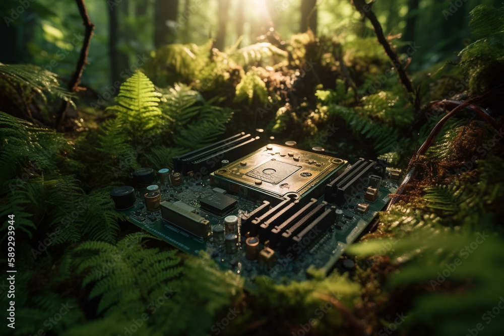 Nature takes back a computer motherboard and grows around moss and fern ...