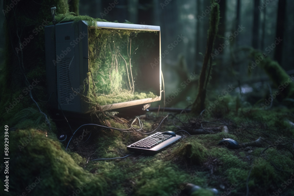 Nature takes back a computer keyboard and screen and grows around moss ...