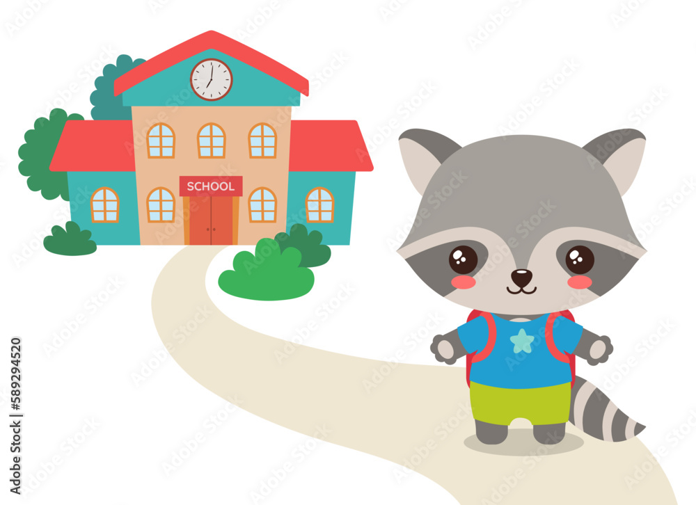 Back to school kawaii raccoon vector illustration. Cute raccoon ...