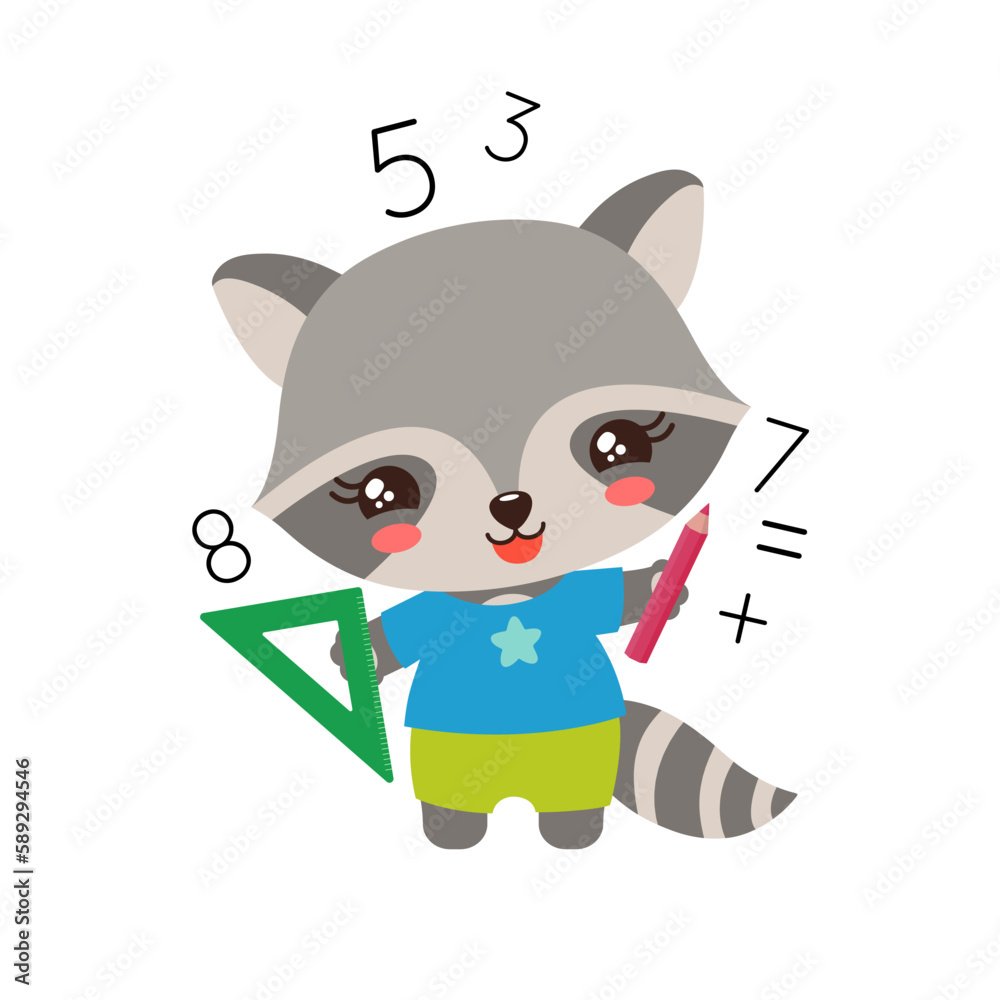 School student raccoon holding a pencil and ruler. Maths learning. Cute ...