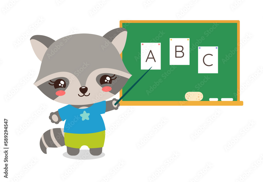School student raccoon standing next to chalkboard with pointer. Abc ...