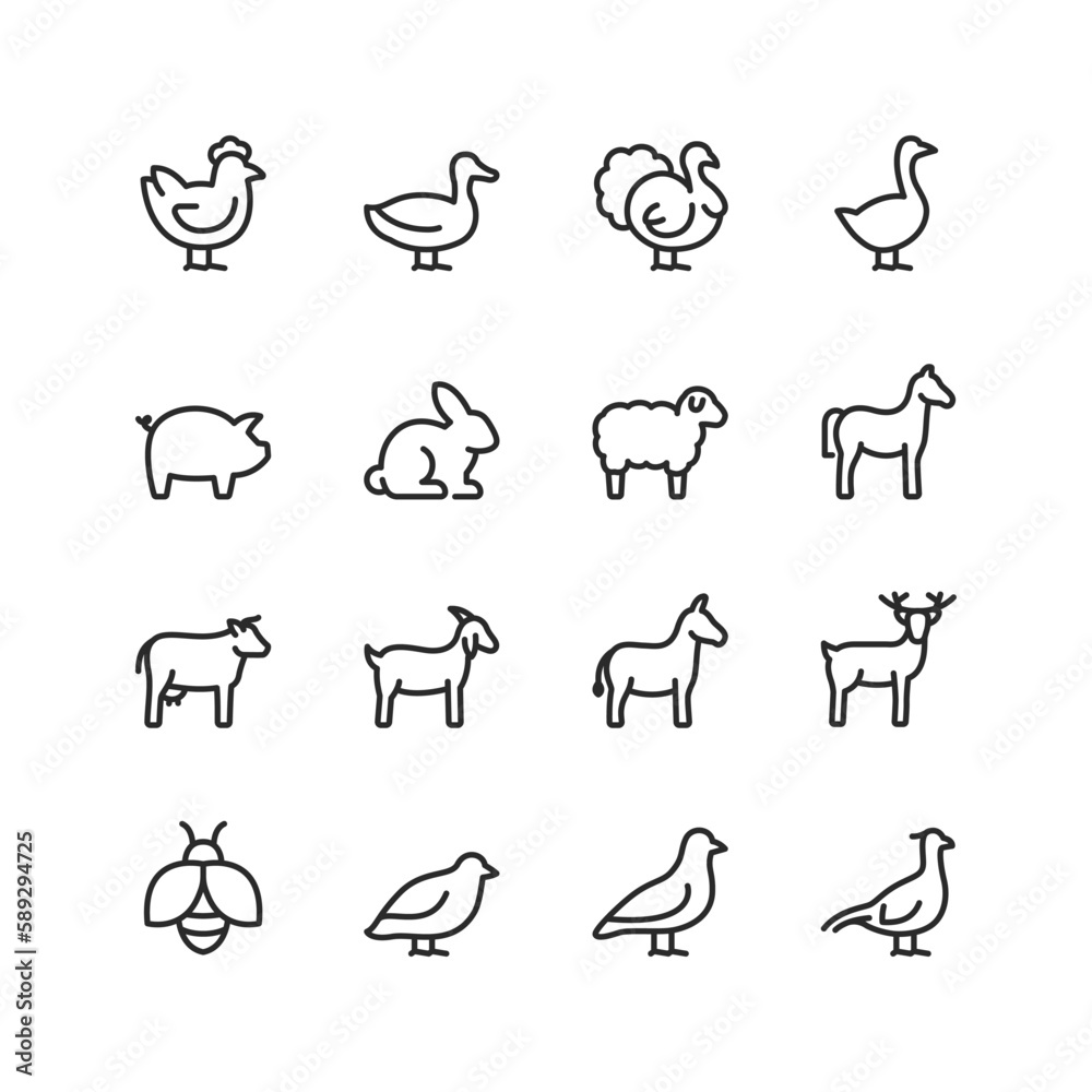 Farm Animals, linear style icons set. Animals that are raised on a farm ...