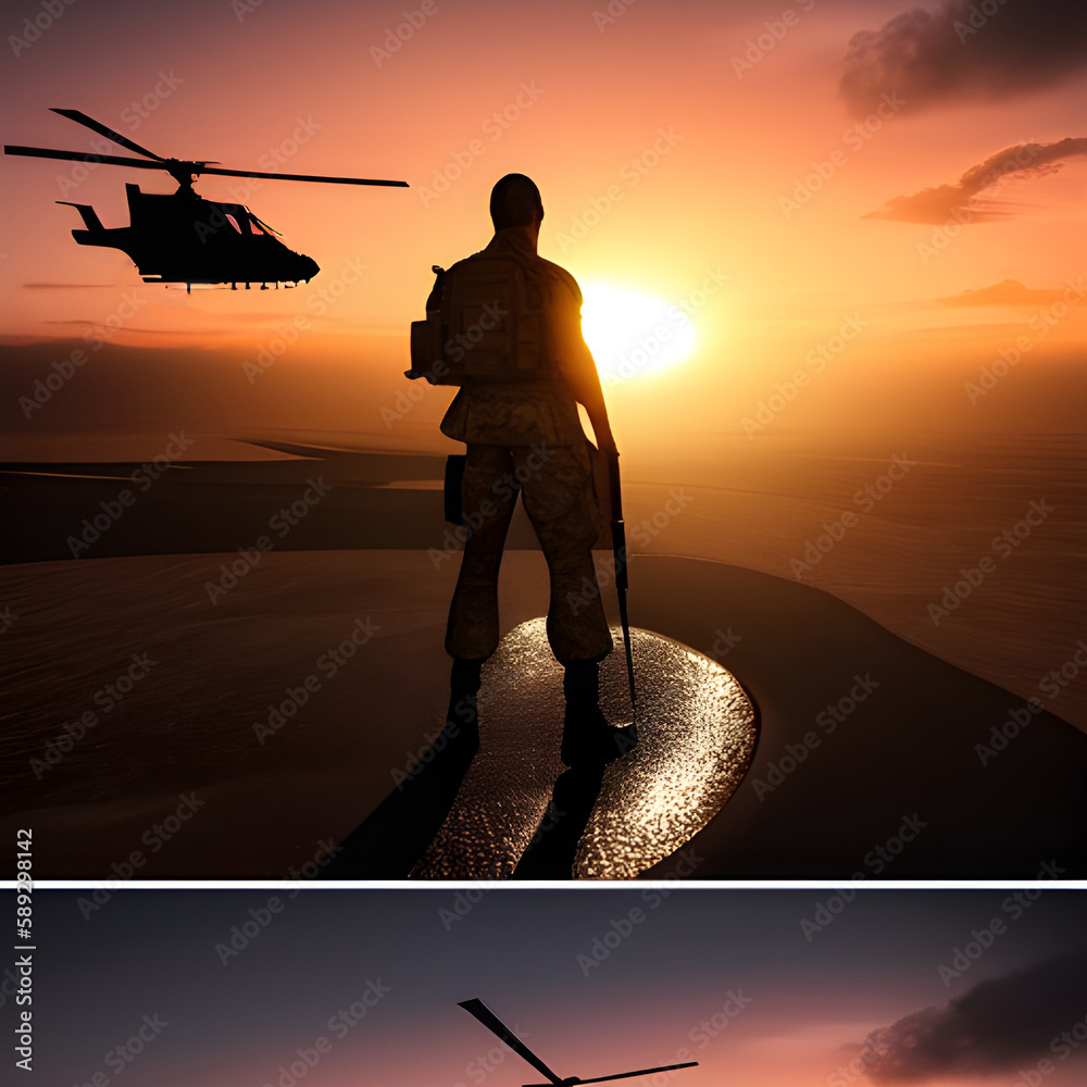 military man Special Forces soldier stands after the war battlefield ...