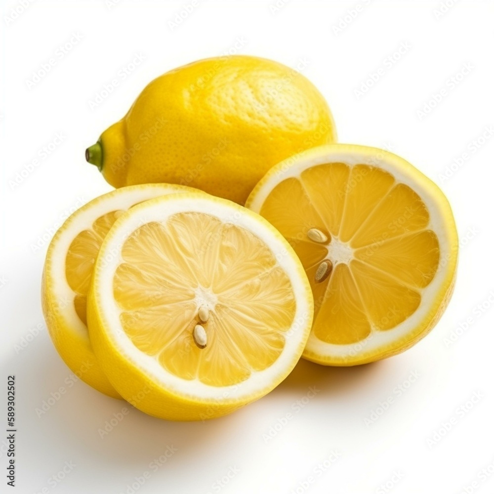 Generate a description of one and a half lemons on a white background ...