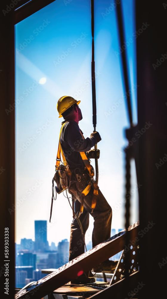 Determined iron worker with helmet and gloves masters the heights ...