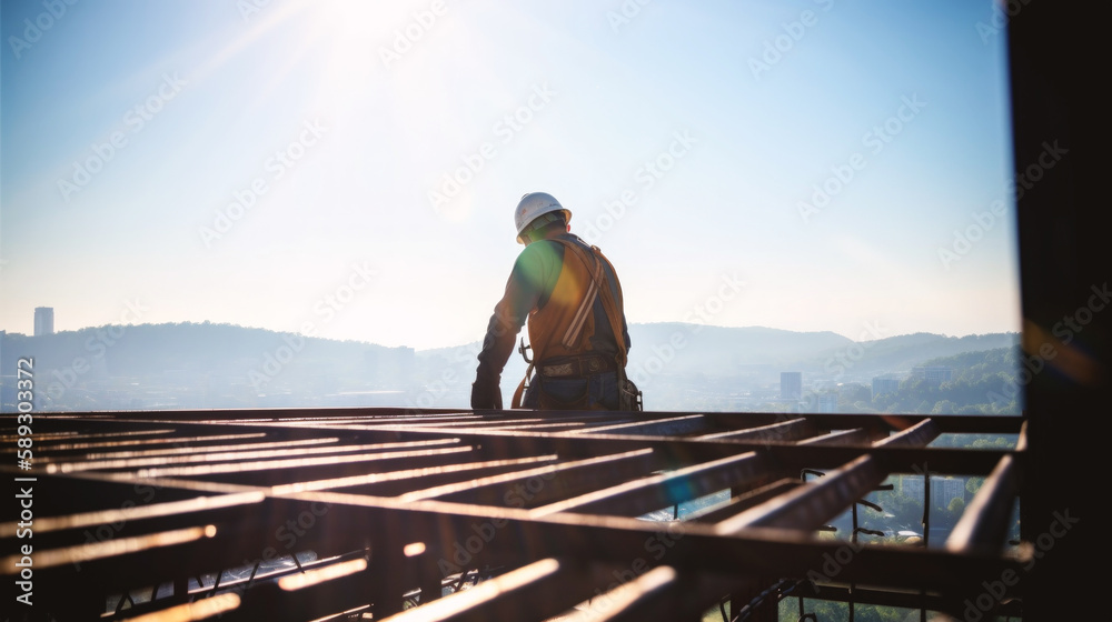 Determined iron worker with helmet and gloves masters the heights ...