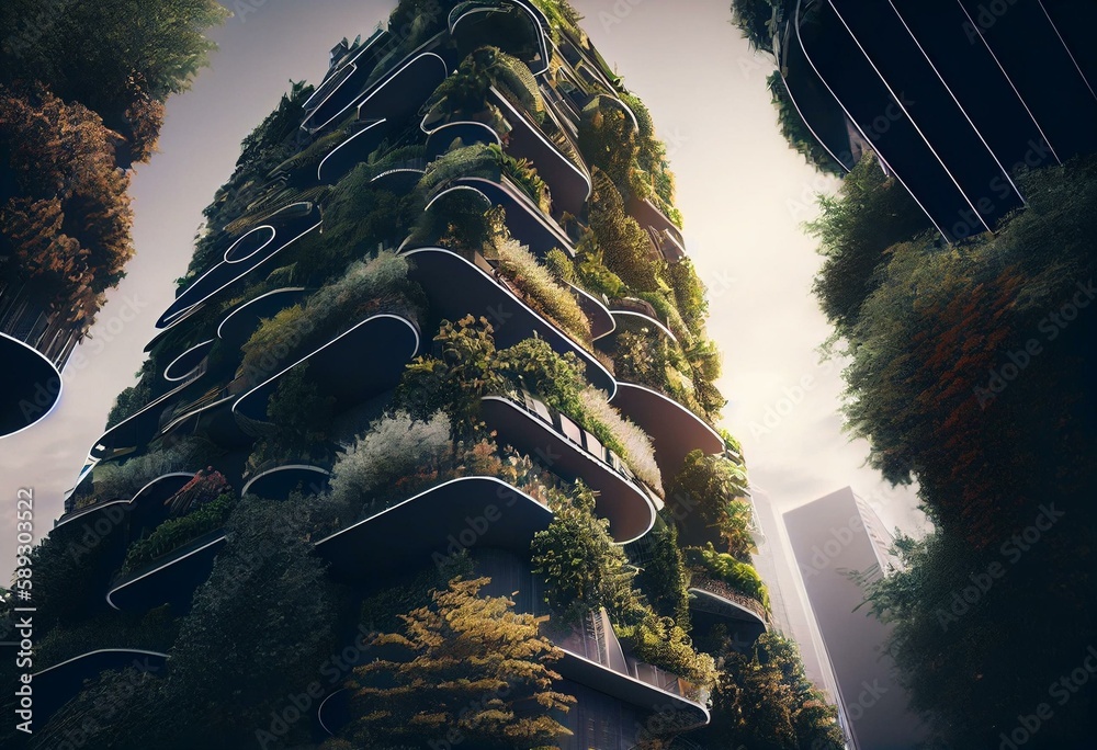 Future green city with vertical gardens growing on skyscraper building ...