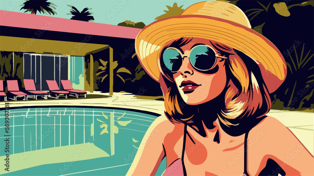 Girl sitting by the pool. Retro cartoon vector style. Woman in holiday ...