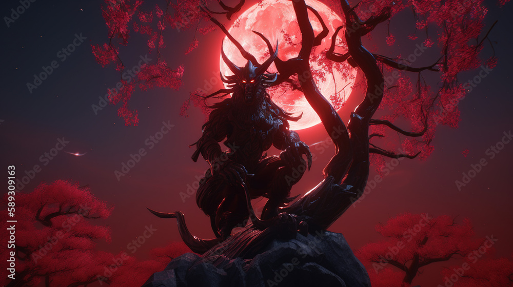 japanese style demon, sakura tree, red moon. Generative AI Stock ...