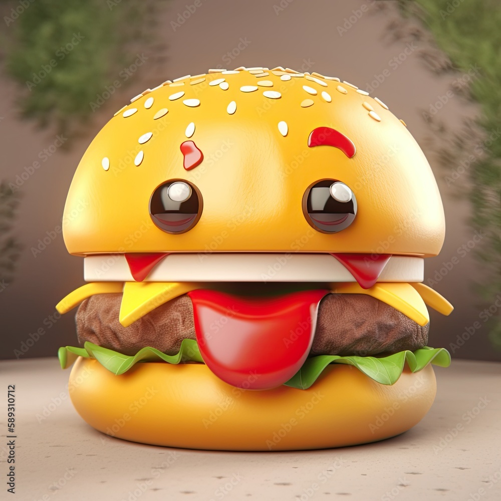 Cute 3D Cartoon Hamburger Character with a Funny Face Ready to Eat its ...