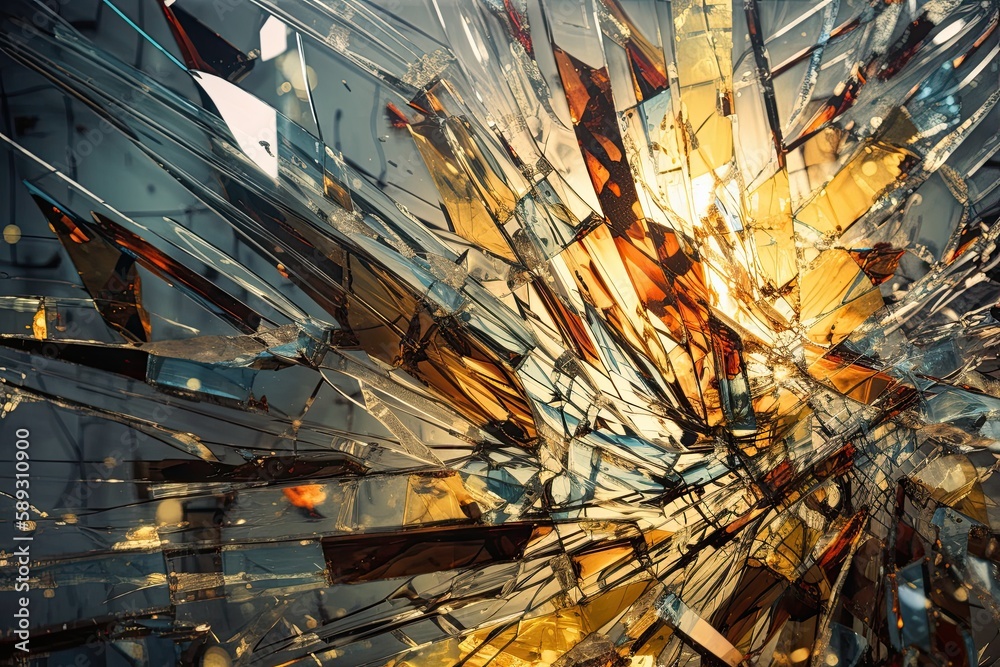 Shattered Glass Explosion: Calm Abstraction Art in a Golden Flying ...