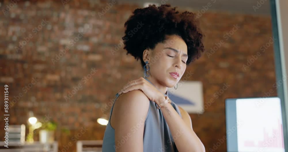 Shoulder pain, business woman and problem in office at night of muscle ...