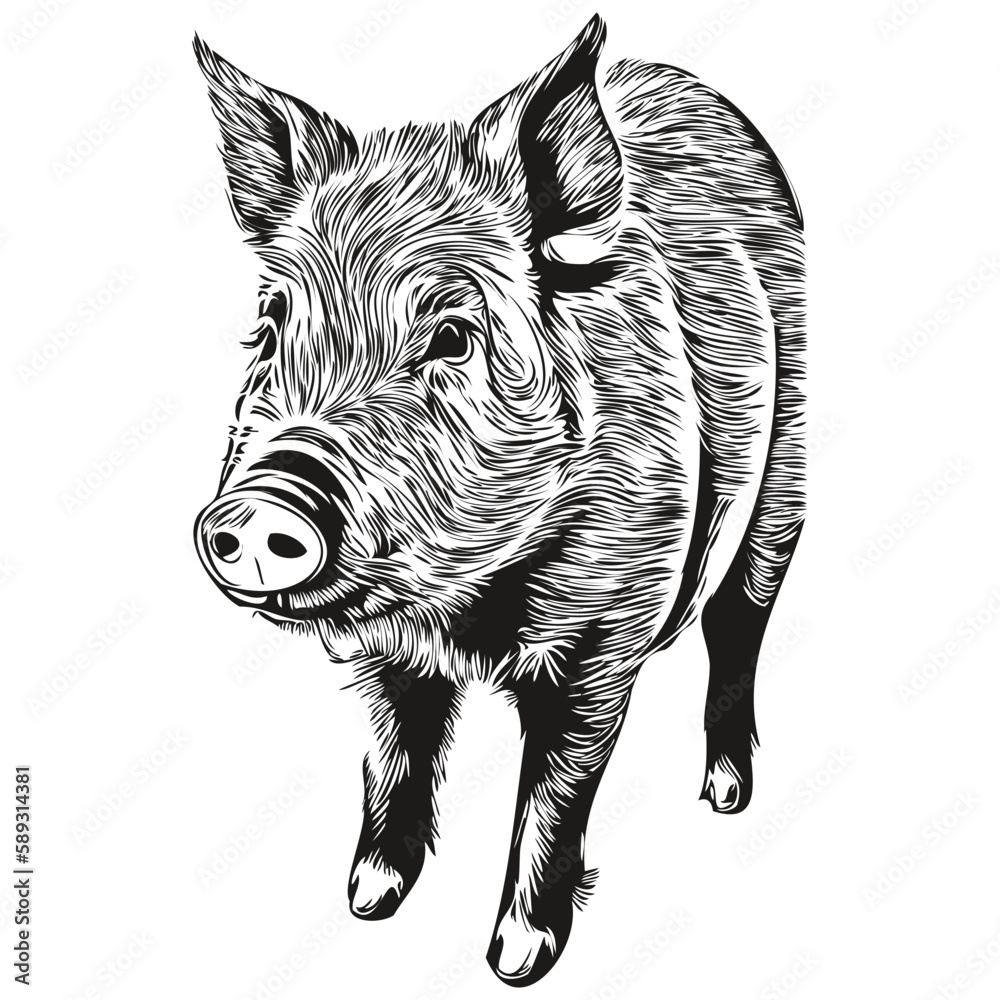 Pig sketch, hand drawing of wildlife, vintage engraving style, vector ...