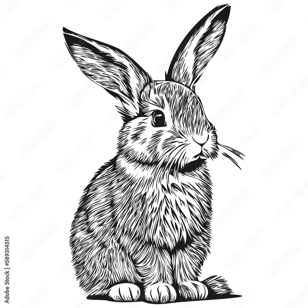 Rabbit vintage illustration, black and white vector art hare Stock ...