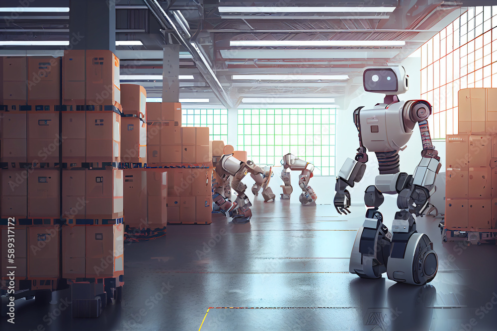Innovative industry robot working in warehouse for human labor ...