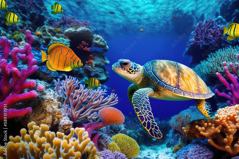 Coral reef with wild sea turtle and fish, tropical ocean underwater ...
