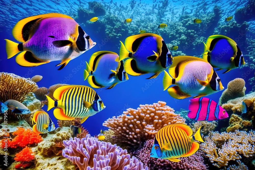 Coral reef with wild sea fish, tropical ocean underwater life ...