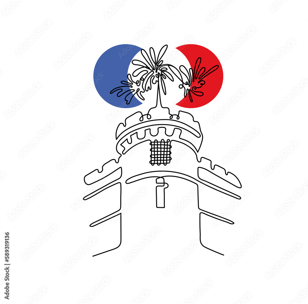 Сontinuous line drawing of fortress. Design with French Flag and ...