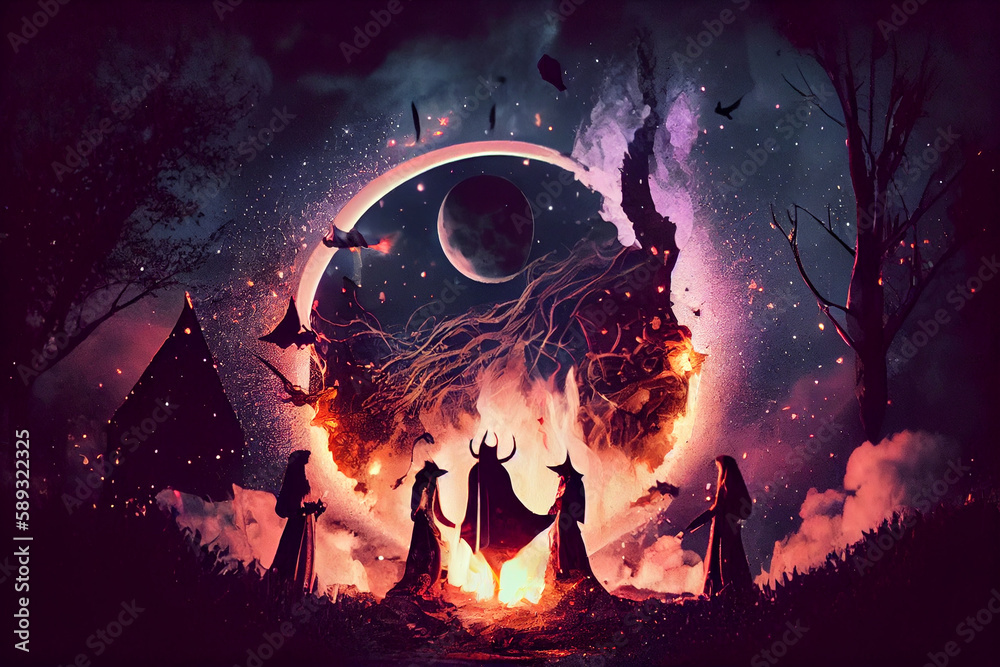 Occult witch sabbath ritual fire gathering in forest at night with moon ...