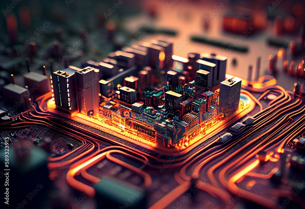 city on a graphics card. city built on a circuit board. artificial ...