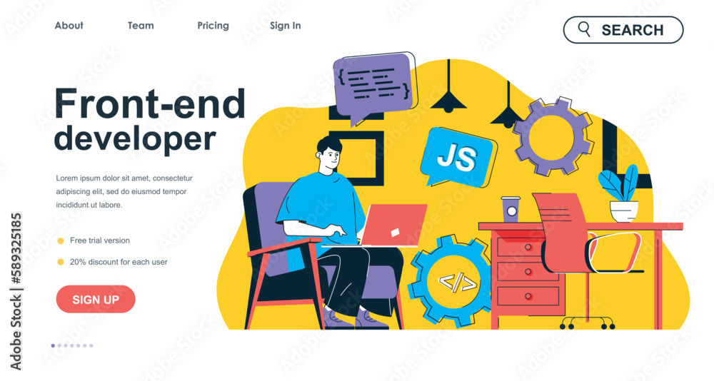 Front-end developer concept for landing page template. Man creates web ...