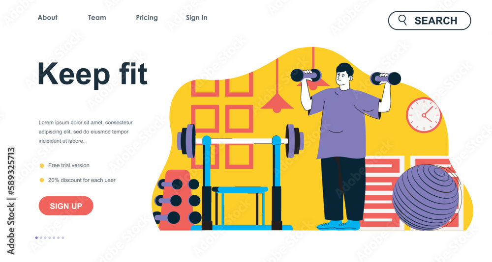 Keep fit concept for landing page template. Man exercising with ...