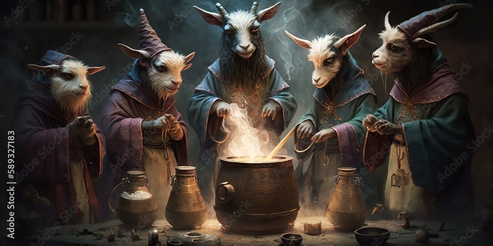 Group of goats dressed up in wizard robes standing around cauldron and ...
