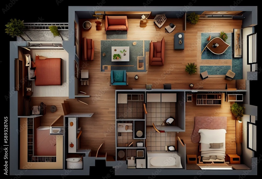 3D rendering floor plan of architecturally furnished residential apartment top view. Bedrooms ...