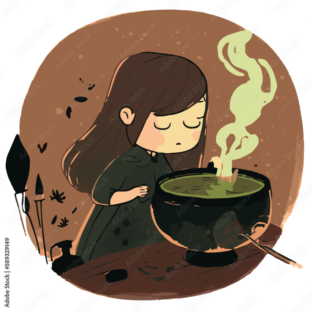 Apprentice witch brewing a potion in her cauldron, vector, oil painting ...