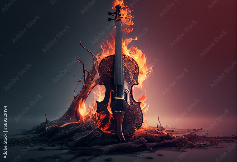 fire violin post apocalypse Generative AI Art Stock Illustration ...