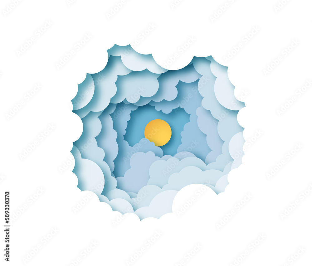 Realistic 3d papercut blue sky view on isolated white background ...