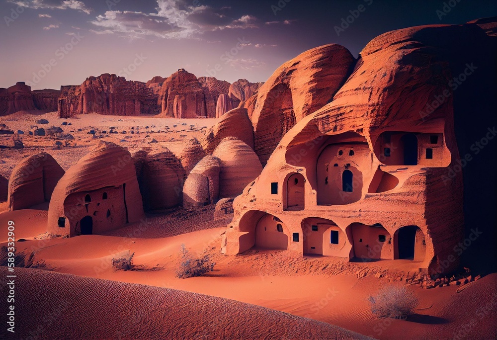 bud brick buildings in the desert of al-ula saudi arabia. Generative AI ...