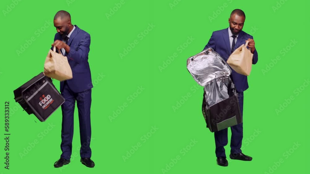 Corporate employee working as deliveryman in studio, having backpack to ...