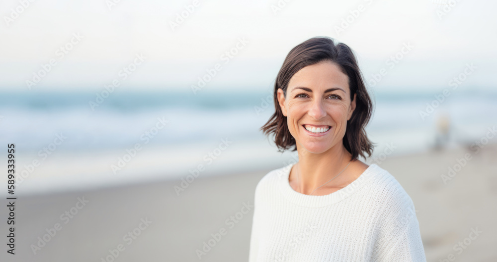 Blissful beach portrait of radiant 40-year-old woman, serene smile and ...
