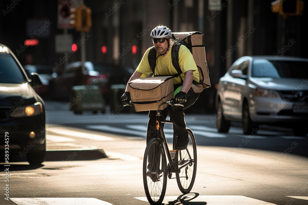 Delivery man riding a bicycle with his delivery backpack on his back ...