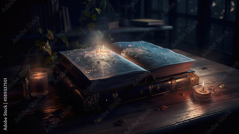 Mysterious Spellbook with Candlelight and Magical Illumination created with Generative Al ...