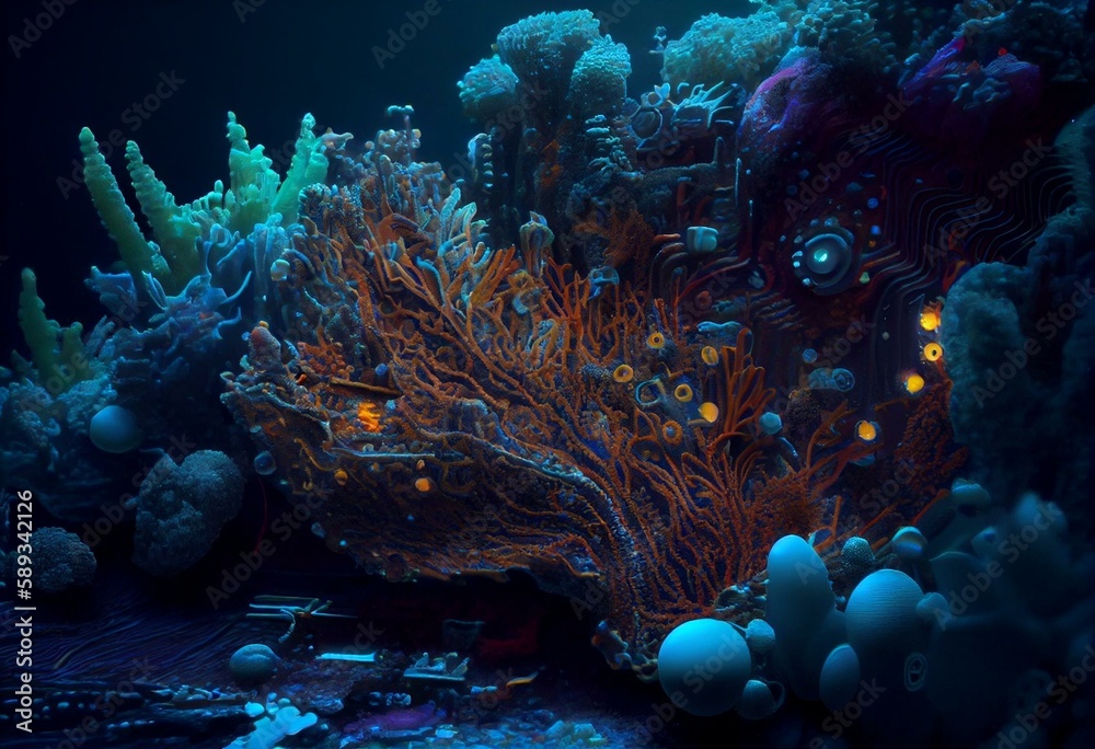 alien planet coral reef, growth patterns of digital circuits ...