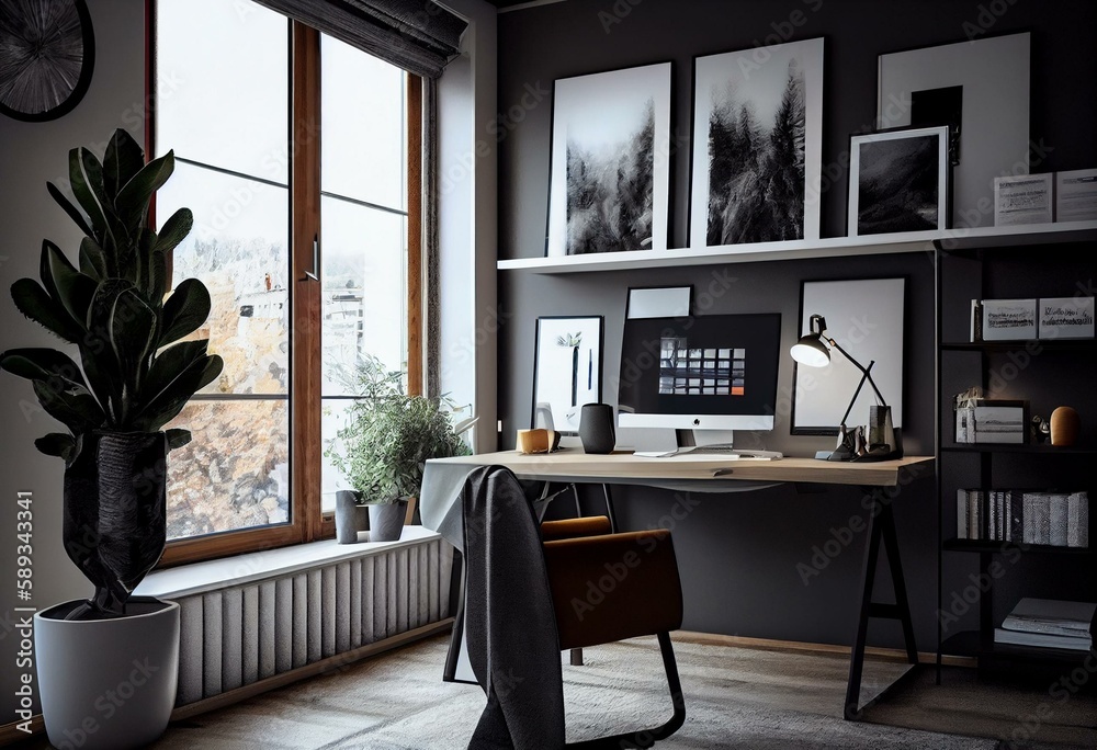 Stylish office room interior with desk and shelf, panoramic window ...