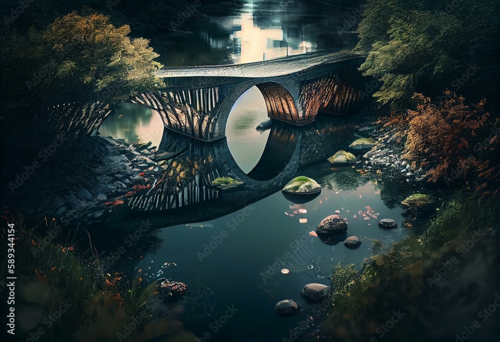 Generate an image of a futuristic sustainable and lowcost bridge ...