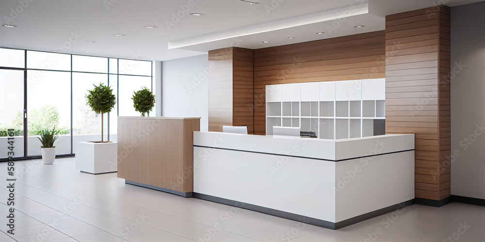 Clean and modern minimalist hospital reception with a white and wood ...