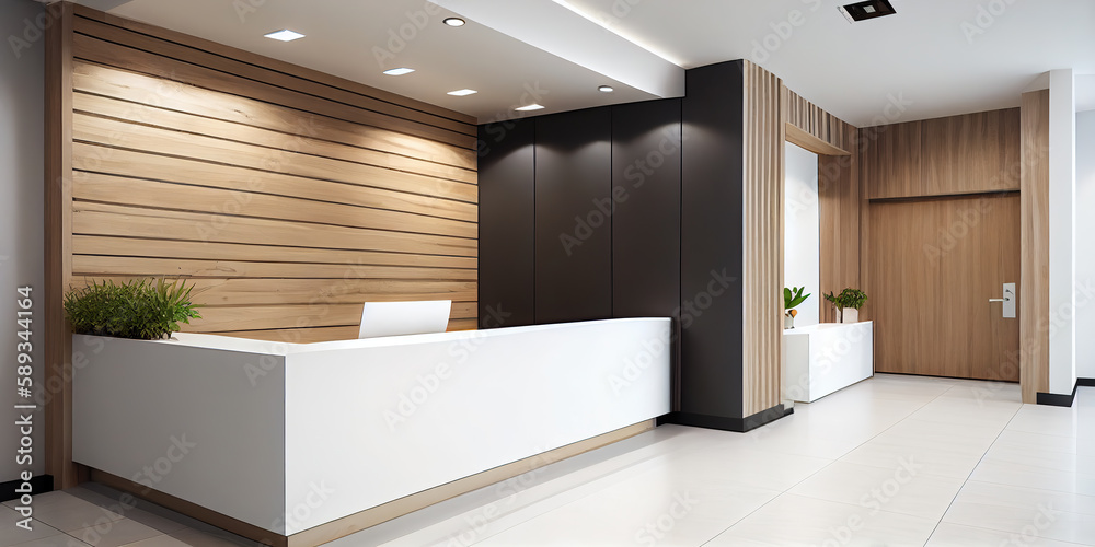 Clean and modern minimalist hospital reception with a white and wood ...