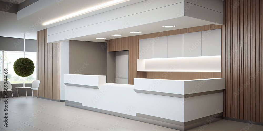Clean and modern minimalist hospital reception with a white and wood ...